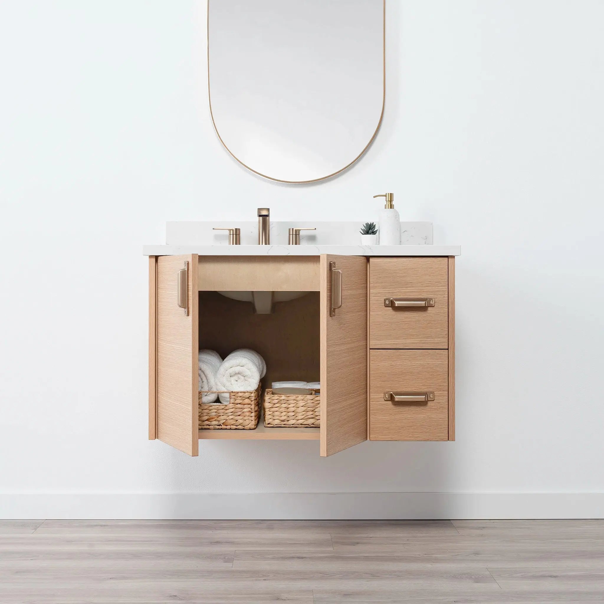Ashbury 36" Wall Mount Natural White Oak Bathroom Vanity, Left Sink ...